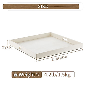 Hanobe Square Large Ottoman Tray: Extra Large White Serving Tray for Ottomans Big Leather Decorative Tray with Handles for Coffee Table Living Room 22" x 22"