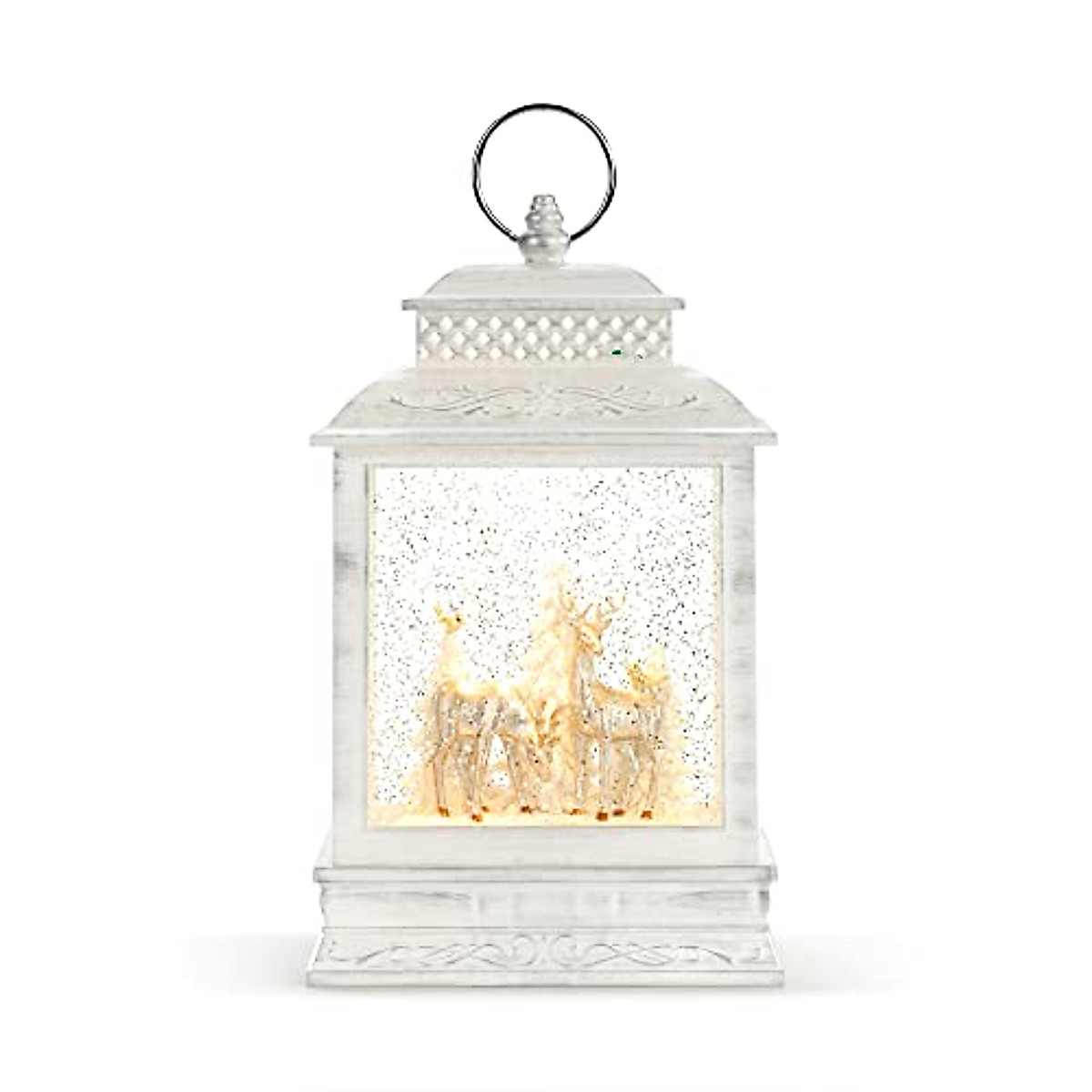 DEMDACO Cozy White Deer 11 x 6.5 Resin Musical Snow Globe Lantern Plays Christmas Music