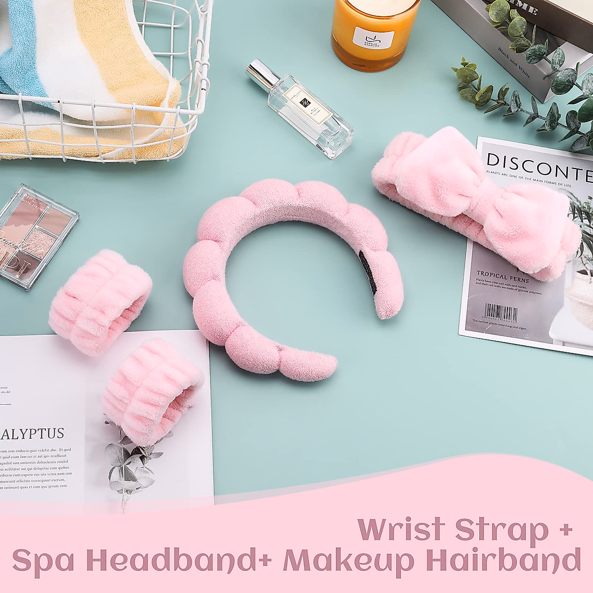 ATROCH Puffy Spa Headband & Skincare Headbands for Women Makeup,Terry Cloth Towel Head Band for Skin Care,Sponge Make Up Hair Band for Girls,Face Wash Wristband Scrunchies Set 4 Pcs