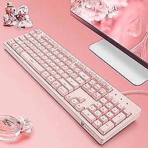 LIOURFE Keyboard with 7 Color LED Backlit, 104 Keys Quiet Wired Computer Keyboard for Office, Mechanical Feeling Gaming Keyboard for Windows Laptop PC Mac (Pink)