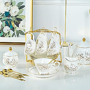 Daveinmic 22-Pieces Porcelain Bone china Tea Sets,Gold Rim Coffee Set with Golden Metal Rack,Cups,Saucers,Spoons,Teapot,Sugar Bowl,Creamer Pitcher,Tea Gift Sets for Home&Party(Gold Rim phoenix set)