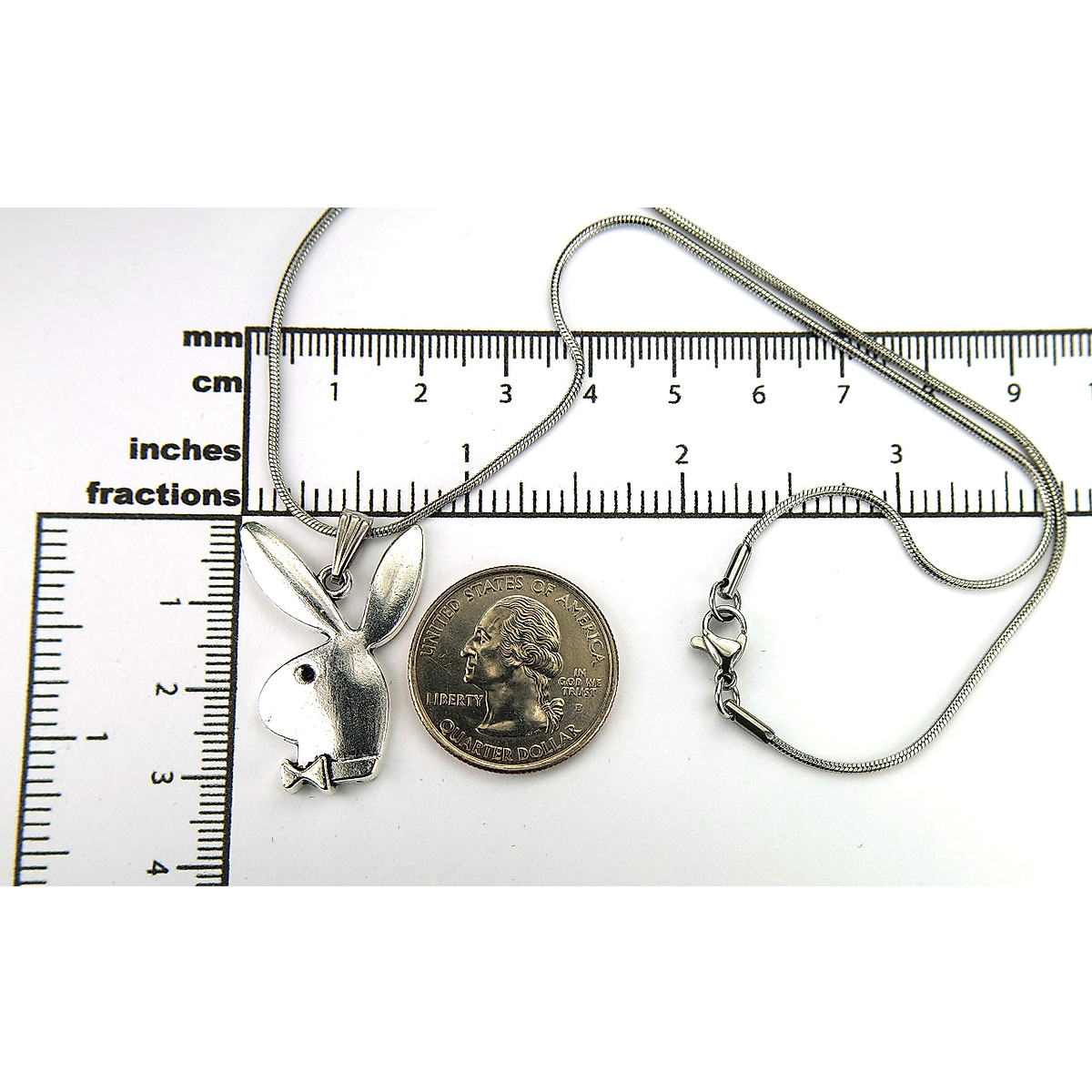 Playboy Bunny Necklace, 18" (45cm) Snake Chain, Pure 304 Stainless No-Tarnish Chain with Antiqued Silver Zinc Alloy Playboi Pendant