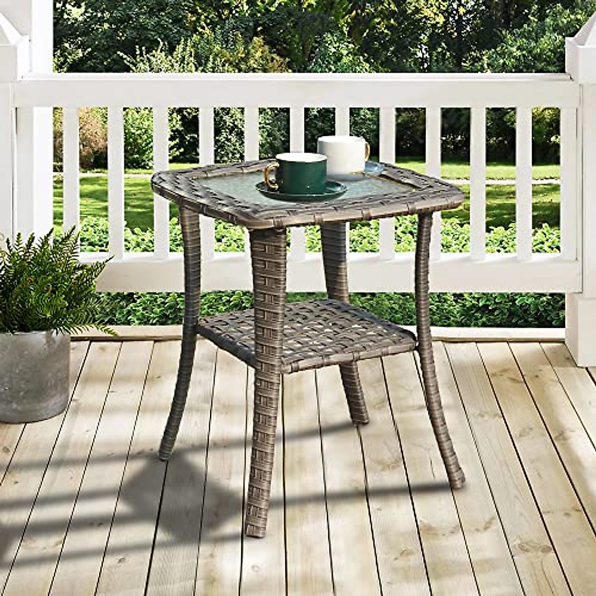 ovios Patio Coffee Table Outdoor Side Table Wicker Rattan Patio Table with Glass Top Garden Tea Table for Yard Garden Porch (Grey-Small Size)