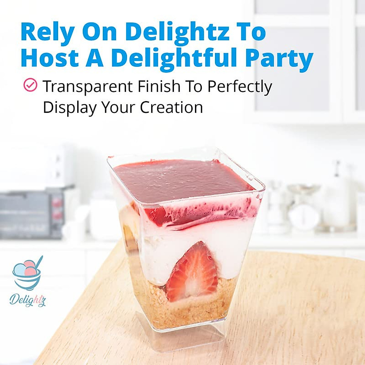 Delightz [50 Pack 5.Oz Small Clear Plastic Dessert Cups, Disposable Mini Square Appetizer/Shooter Cup For Parfait, Desserts, Pudding, Yogurt, Snacks, 2.28" x 2.95" x 1.57"