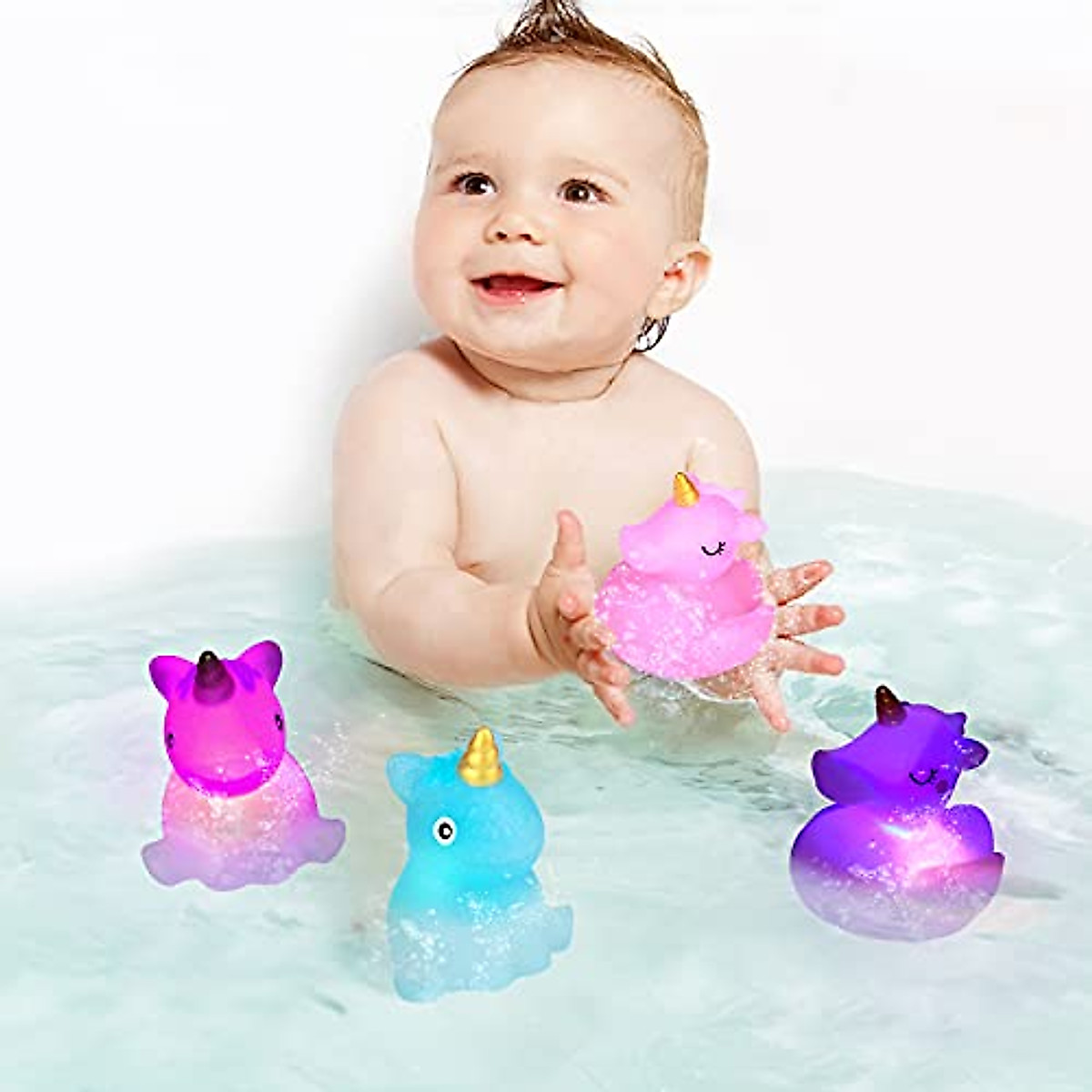 Light Up Unicorn Floating Bathtub Toys Animal Flashing Bath Toy Unicorn Glitter Water Toy for Kids Cake Decoration Bathroom Shower Games Swimming Pool Party Favors 6pcs Set