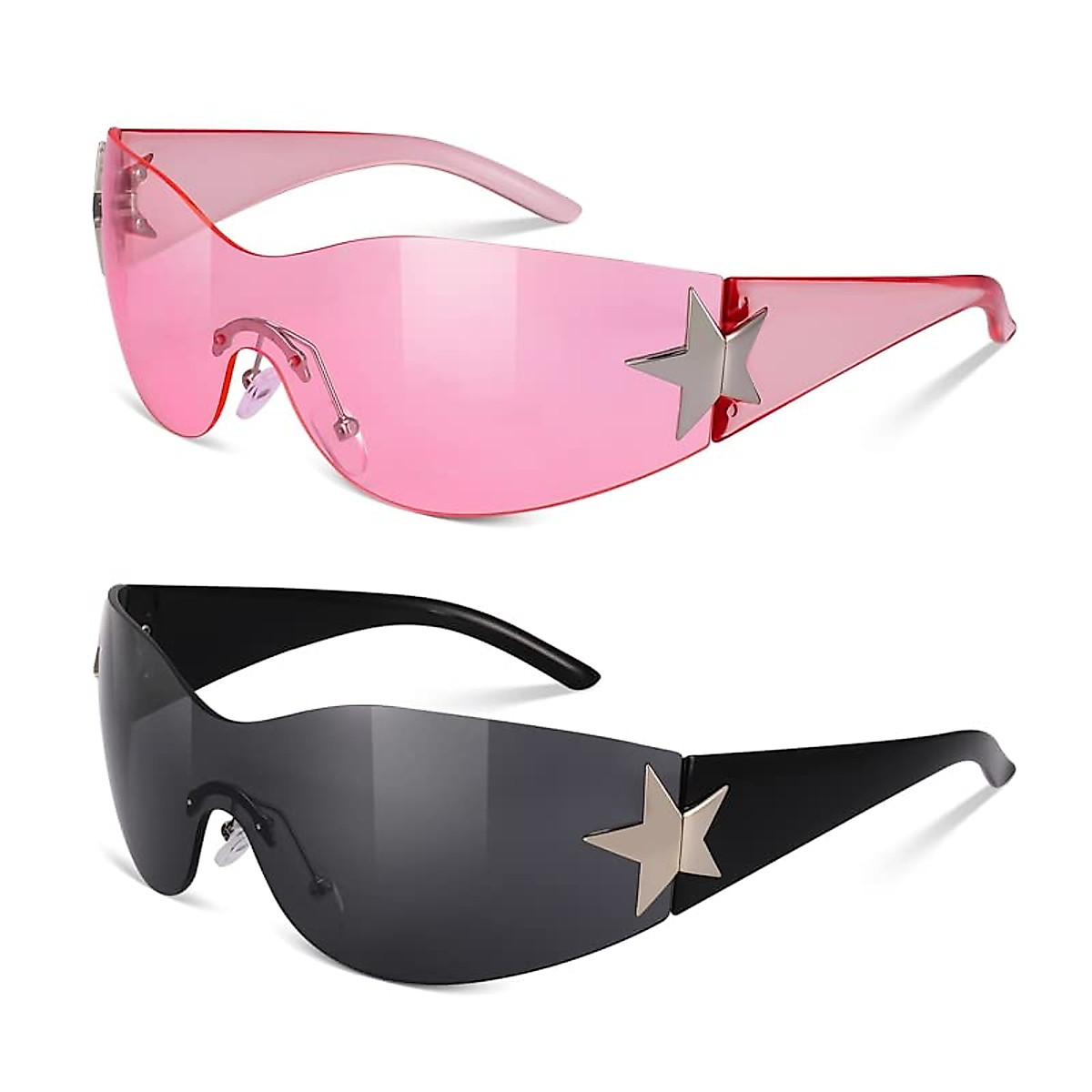 loraleo 2 Pairs Y2K Sunglasses for Women Men, Trendy Shield Wrap Around Sun Glasses, Rimless Star Sunglasses, Oversized Frameless Glasses Shades