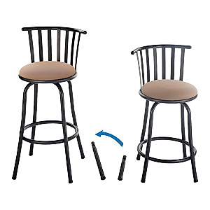 FurnitureR 24 INCH Country Style Industrial Counter Bar Stools Set of 2, Swivel Barstools with Metal Back, with Fabric Seat and Footrest for Indoor Bar Dining Kitchen, Brown