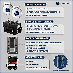 Five Oceans Horizontal Windlass Anchor System, Windlass Atlantic 600 Watts, 12V DC, Max Limit Pulling Power 1200 Lb, Solenoid, 60A Circuit Breaker, Up/Down Foot Switch and Rocker Switch - FO3930