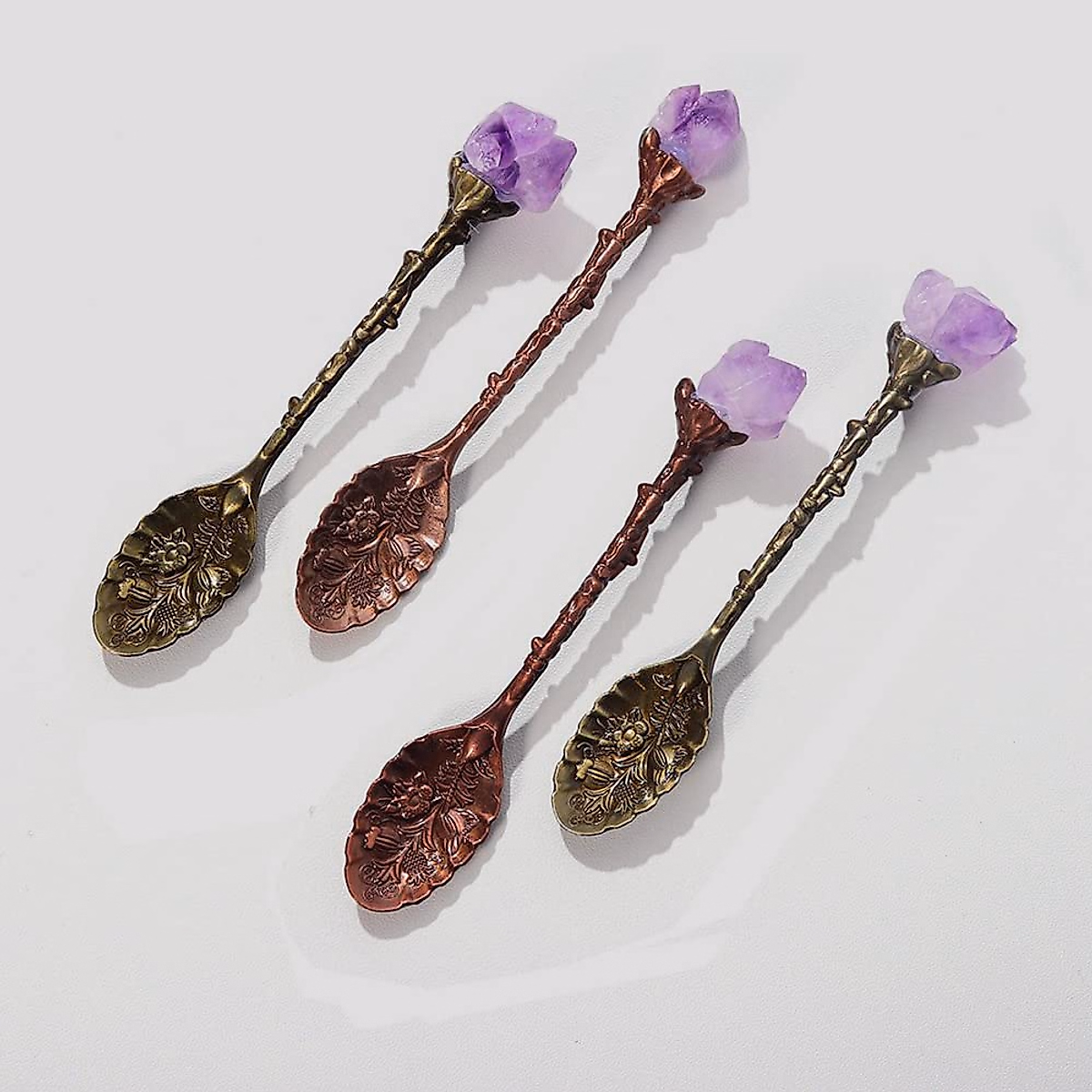 Leadigol 2pcs Retro Crystal Antique Spoon Coffee Spoon Tea Spoon,Amethyst Crystal Alloy Spoons,Mini Ice Cream Decorative Spoons, for Home Office