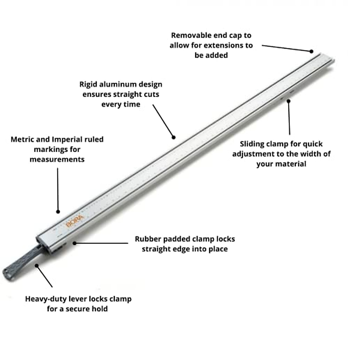 BORA WTX Ruled Clamp Edge Saw Guide, 50 Inch Length Rail for Circular Saws, Cutting Track for Woodworking, Contractors, DIY, 545050, Metallic
