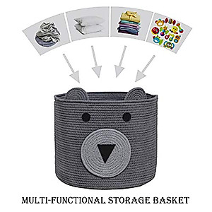 COMEMORY Cotton Rope Storage Basket with Cute Bear Design, Foldable Rope Bin Basket, Decorative Animal Basket for Toys, Blanket, Towels, Clothes, 12"(D) x 10"(H)
