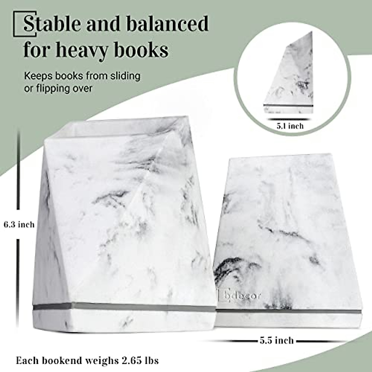 BDECOR Marble Style Bookends Decorative, Unique Decorative Bookends for Heavy Books, Book Ends Perfect for Shelves, Kitchen Cookbooks Storage