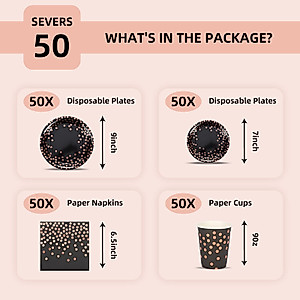 Simbago Black and Rose Gold Party Supplies-Disposable Dinnerware Set 50 Paper Plates 50 Dessert Plates 50 Cups 50 Napkins,Retirement Birthday