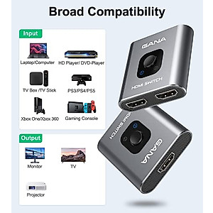 HDMI Switch 4k@60hz Splitter, GANA Aluminum Bidirectional HDMI Switcher 2 in 1 Out, Manual HDMI Hub Supports HD Compatible with Xbox PS5/4/3 Blu-Ray Player Fire Stick Roku