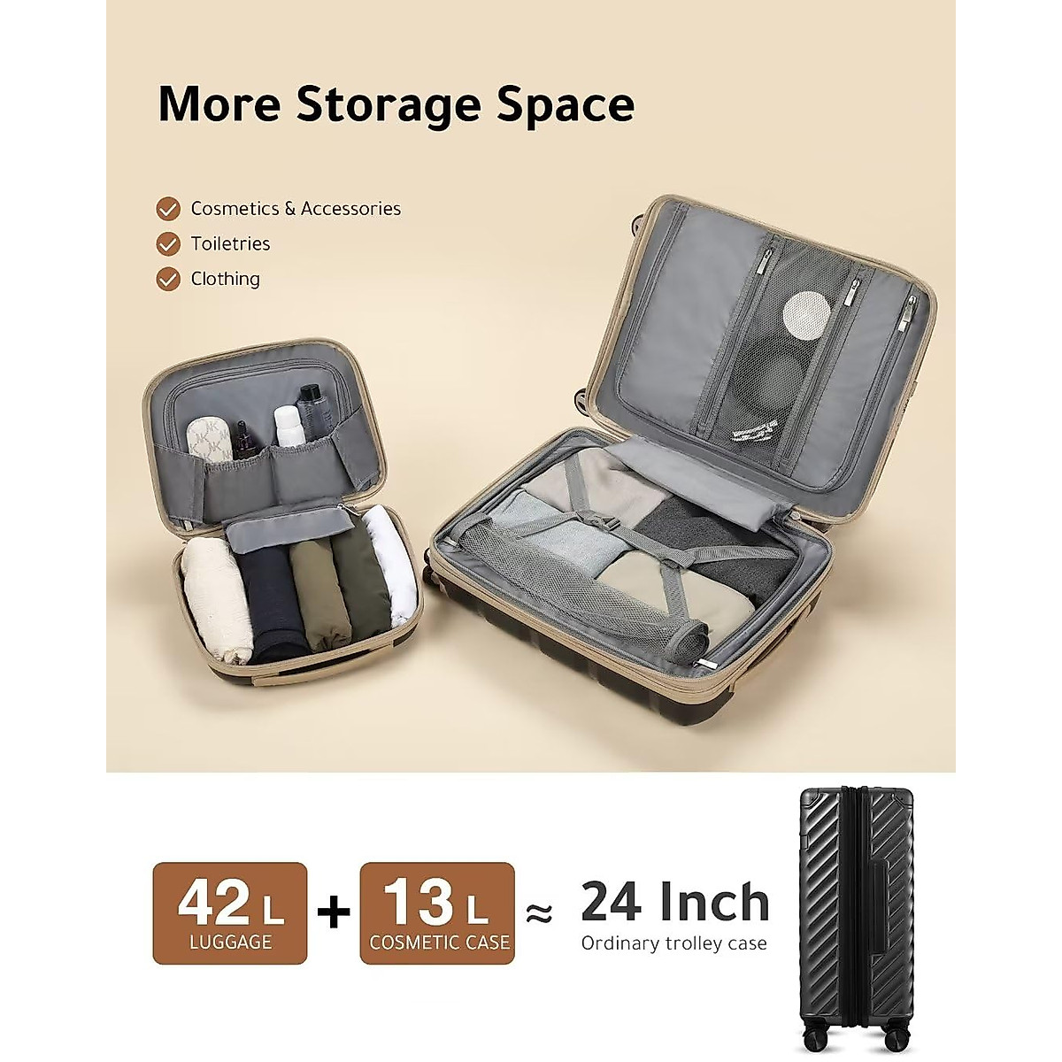 LUGGEX Black Carry On Luggage with Spinner Wheels, PP Lightweight Suitcase with 14 Inch Case, Expandable Luggage 2 Piece