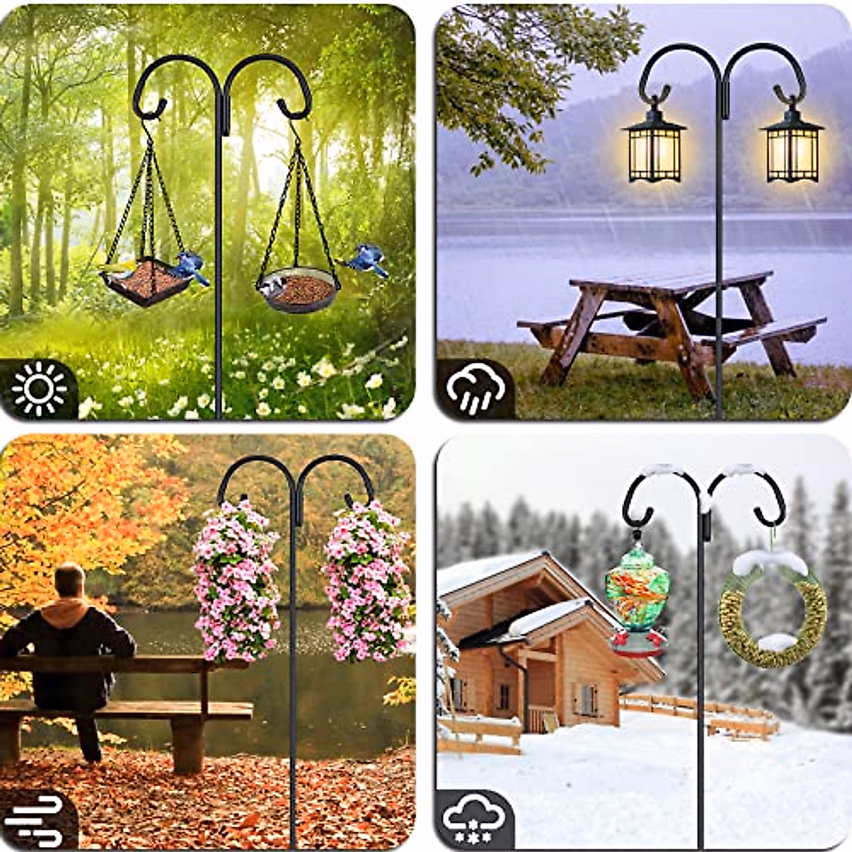 Gtongoko 92 Inch 2 Pack Adjustable Double Shepherd Hook for Outdoor with 5 Prong Base, 5/8 Inch Thick Heavy Duty Bird Feeder Pole for Bird Feeder Lanterns Weddings Decor