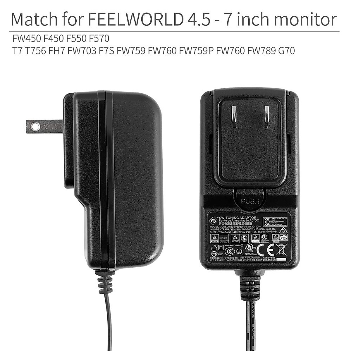 Feelworld DC 12V 1.5A Switching Power Supply Home Power Adapter for 100V - 240V AC 50/60Hz for Feelworld F570 T7 T756 FW759 FW759P FW760 FW789 G70 Etc (Black)