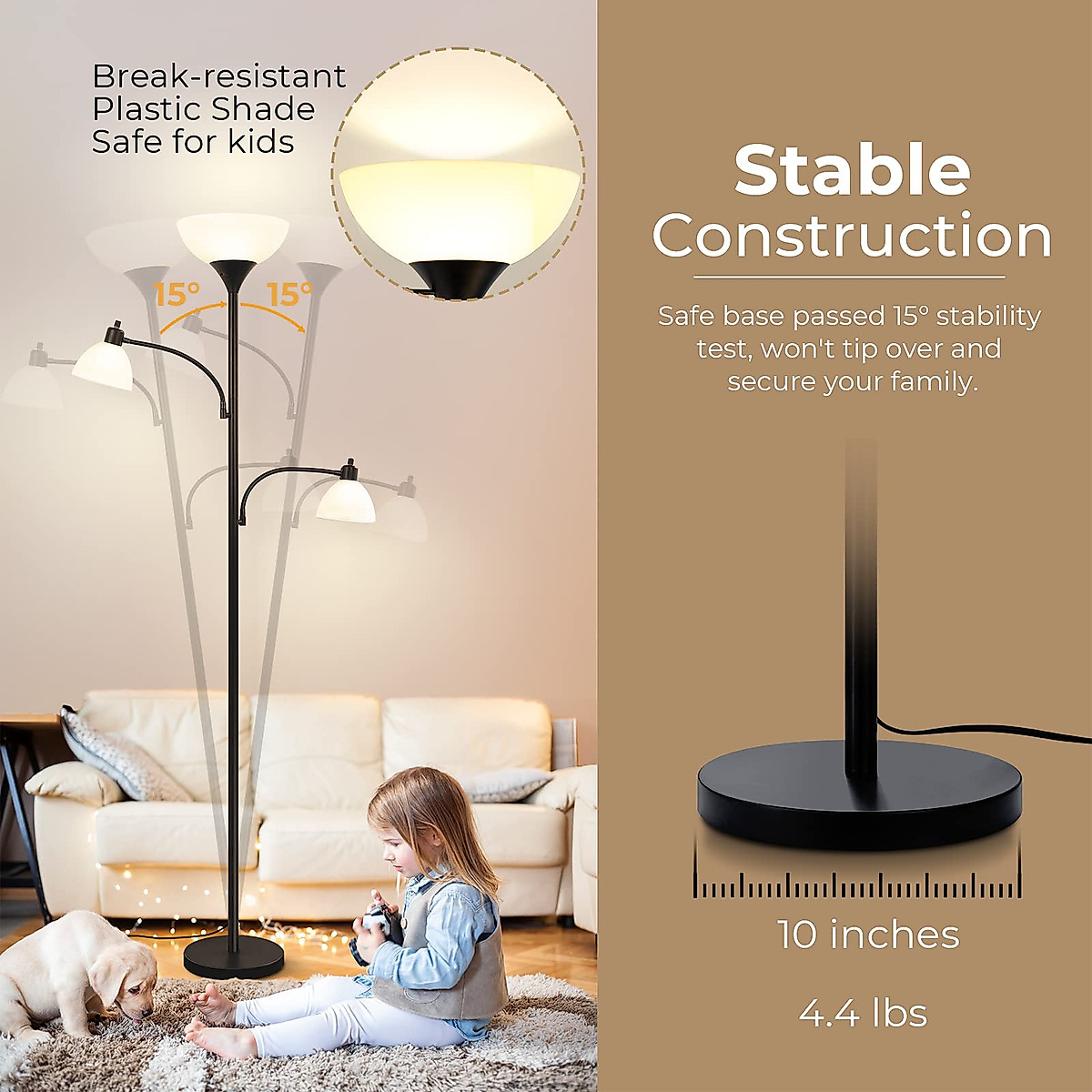 Isloys Led Floor Lamp, Torchiere Bright Black Floor Lamp with 2 Reading Lamps, Led Tall Standing Pole Lamps for Living Room Bedroom Office, 3 Way Switch, 3 Led Bulbs Included