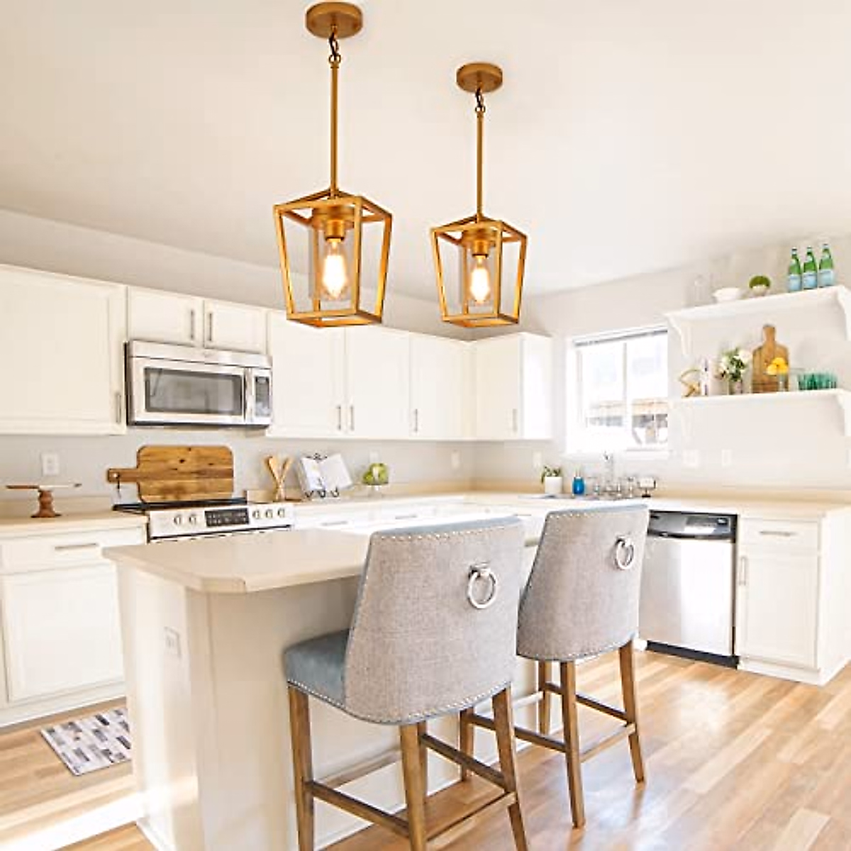 SGLfarmty 1-Light Gold Pendant Light, Farmhouse Cage Pendant Lighting Fixture for Kitchen Island, Lantern Pendant Lights Brass Finish with Glass, Modern Geometric Hanging Light for Foyer, Entryway