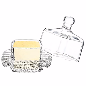 Frcctre 2 Pack Glass Butter Dish, Small Glass Butter Keeper with Dome Lid and Handle, Clear Covered Butter Serving Dish Decorative Crystal Mini Butter Container Butter Cloche