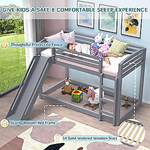 DreamBuck Bunk Bed with Slide, Solid Wood Twin Over Twin Bunk Bed with Ladder and Safety Guardrails, Floor Bunk Bed for Kids Boys Girls, Low Bunk Bed Space-Saving, Easy Assembly, Grey
