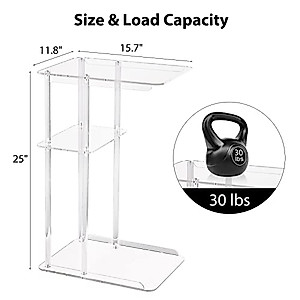 HMYHUM Clear Acrylic Side Table, C Shaped End Table for Sofa, Small Snack Tables for Living Room, Bedroom, Bathroom, 3 Tiers