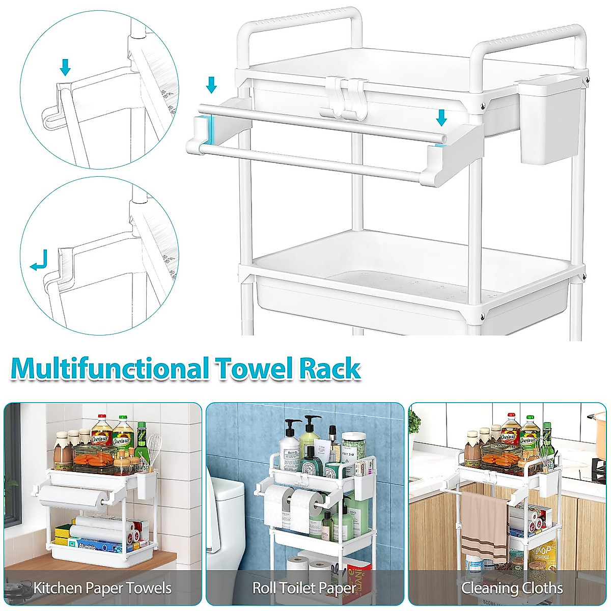 SPACEKEEPER Rolling Storage Cart, 4-Tier Bathroom Organizer Utility Cart Laundry Room Organization Mobile Shelving Unit with Towel Rack, Lockable Wheel, Hooks & Cup for Kitchen Bedroom Office, White
