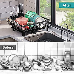 XILIDIA Dish Drying Rack with Drainboard, Grey Dish Racks for Kitchen Counter, Dish Dryer Rack with Drainage, Large Capacity Dish Drainer with Utensil Holder and Extra Dish Drying Mat