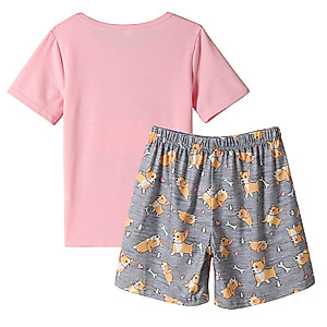 Vopmocld Big Girls Summer Short Sleeve Pajama Sets Cute Corgi Patterns Sleepwear Nighty 100% Cotton, Corgi, 12 Years