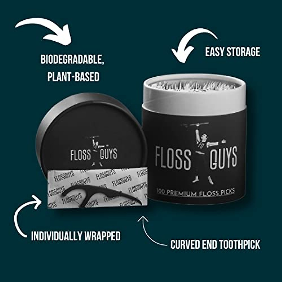 Floss Guys Premium Unflavored Compostable Floss Picks | Individually Wrapped | Biodegradable Plant-Based Flossers | Vegan | BPA Free |, Black, 100 Count (Pack of 1)