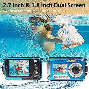 Shimshon Underwater Camera Full HD 2.7K 48MP Waterproof Camera for Snorkeling Dual Screen Waterproof Camera Digital with Self-Timer and 16X Digital Zoom (Blue)