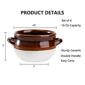Youeon Set of 4 French Onion Soup Bowls with Handles, 16 Oz French Onion Soup Crocks Oven Safe, Ceramic Soup Bowls Dishwasher & Microwave Safe, for Beef Stew, Chili, Pot Pies, Baked Cheese