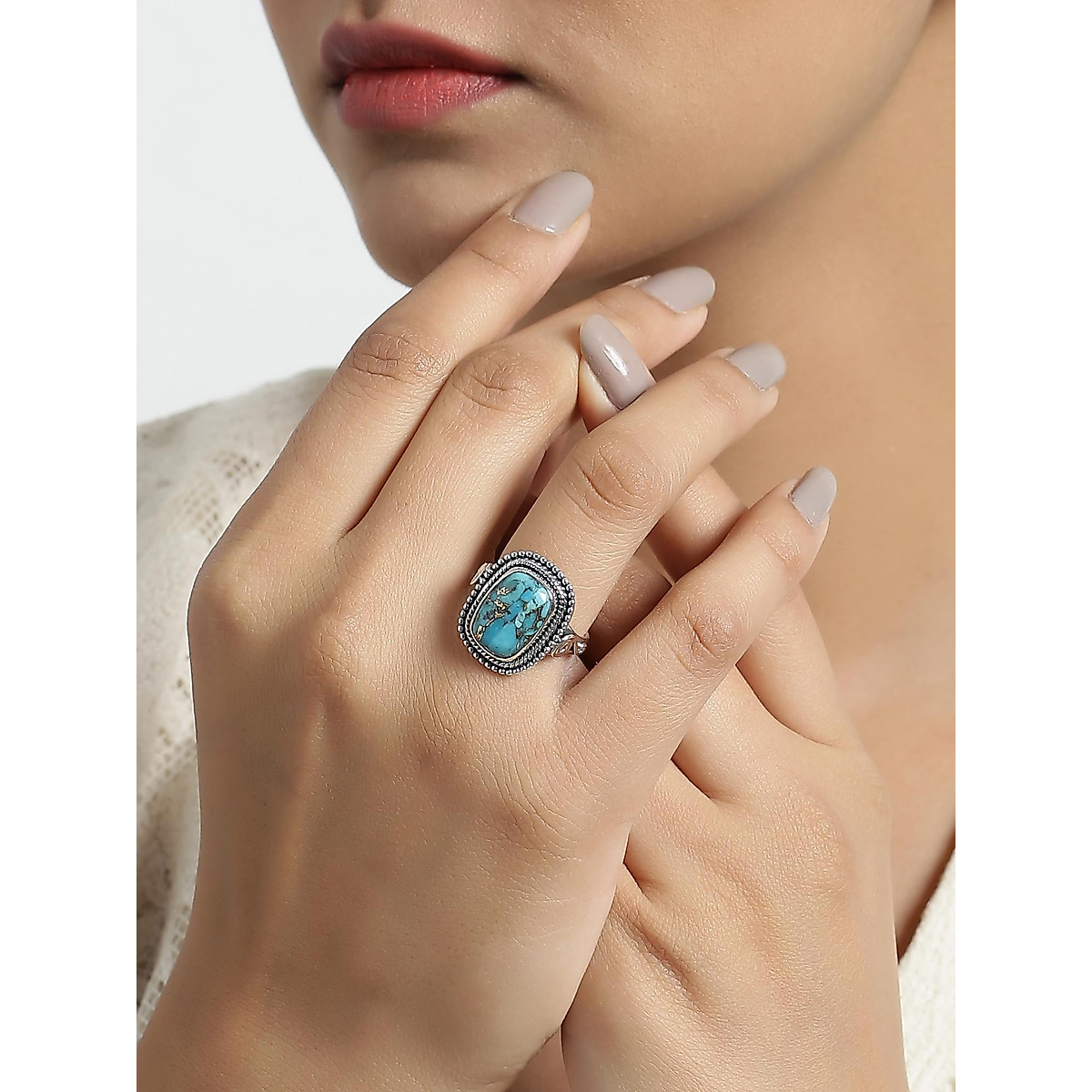 YoTreasure 10x14 MM Blue Copper Turquoise Ring 925 Sterling Silver Jewelry