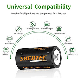 Shentec Rechargeable C Batteries, 5000mAh 1.2V Ni-MH High Capacity 4 Pack C Size Battery with Charger