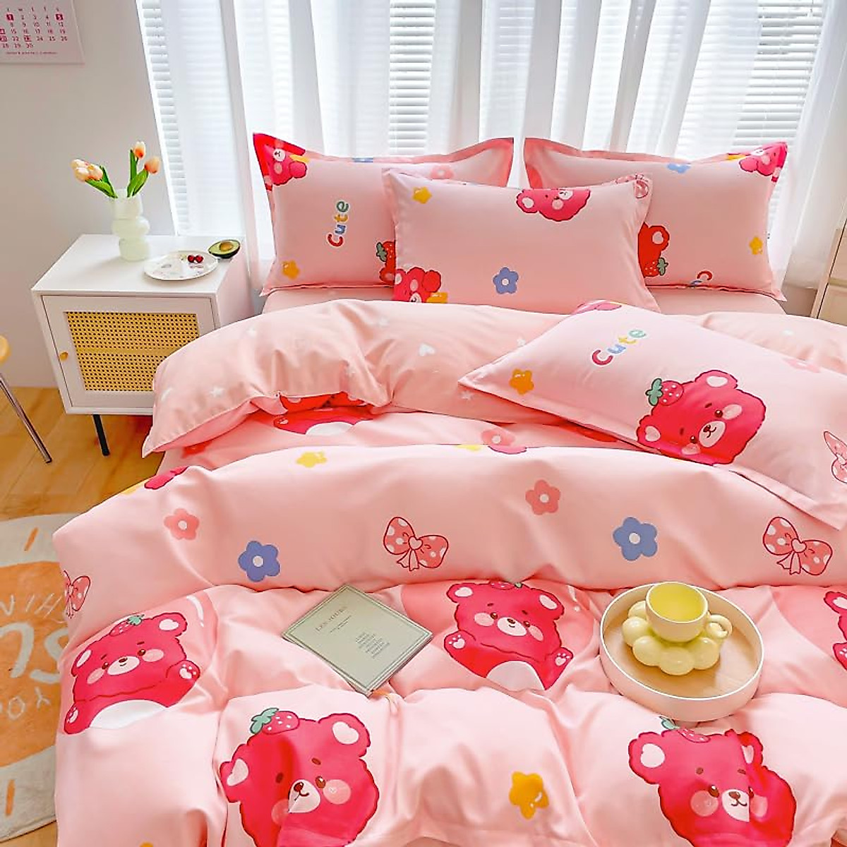 Sleepwish 3 Pieces Strawberry Bear Print Duvet Cover Set 79"x91" Pink Flowers Bedding Set for Kids Teens Girls Bed Cover with 2 Pillowcases