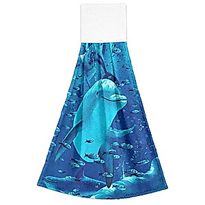 COOLDEER 2 PCS Dolphin Blue Kitchen Hand Towels Fast Dry Hanging Tie Towels Absorbent Soft Coral Velvet Dish Wipe Cloth for Kitchen Bathroom Use