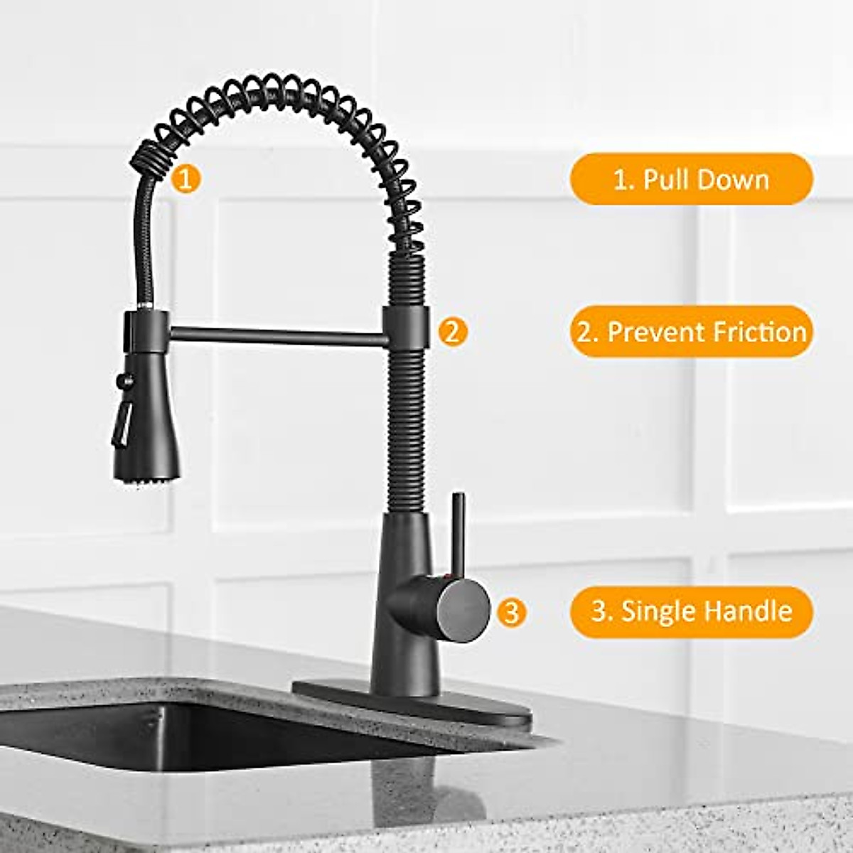 BESy Kitchen Faucet with Pull Down Sprayer, High-Arc Single Handle Single Lever Spring Rv Kitchen Sink Faucet with Pull Out Sprayer, 3 Function Laundry Faucet with Cover Plate, Matte Black