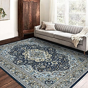 Zacoo Boho Rug 5x7 Area Rugs for Living Room Vintage Bedroom Decor Distressed Non Slip Rugs Carpet Low Pile Non Shedding Oriental Rug Tribal Area Rugs Dining Room Nursery, Blue/Taupe