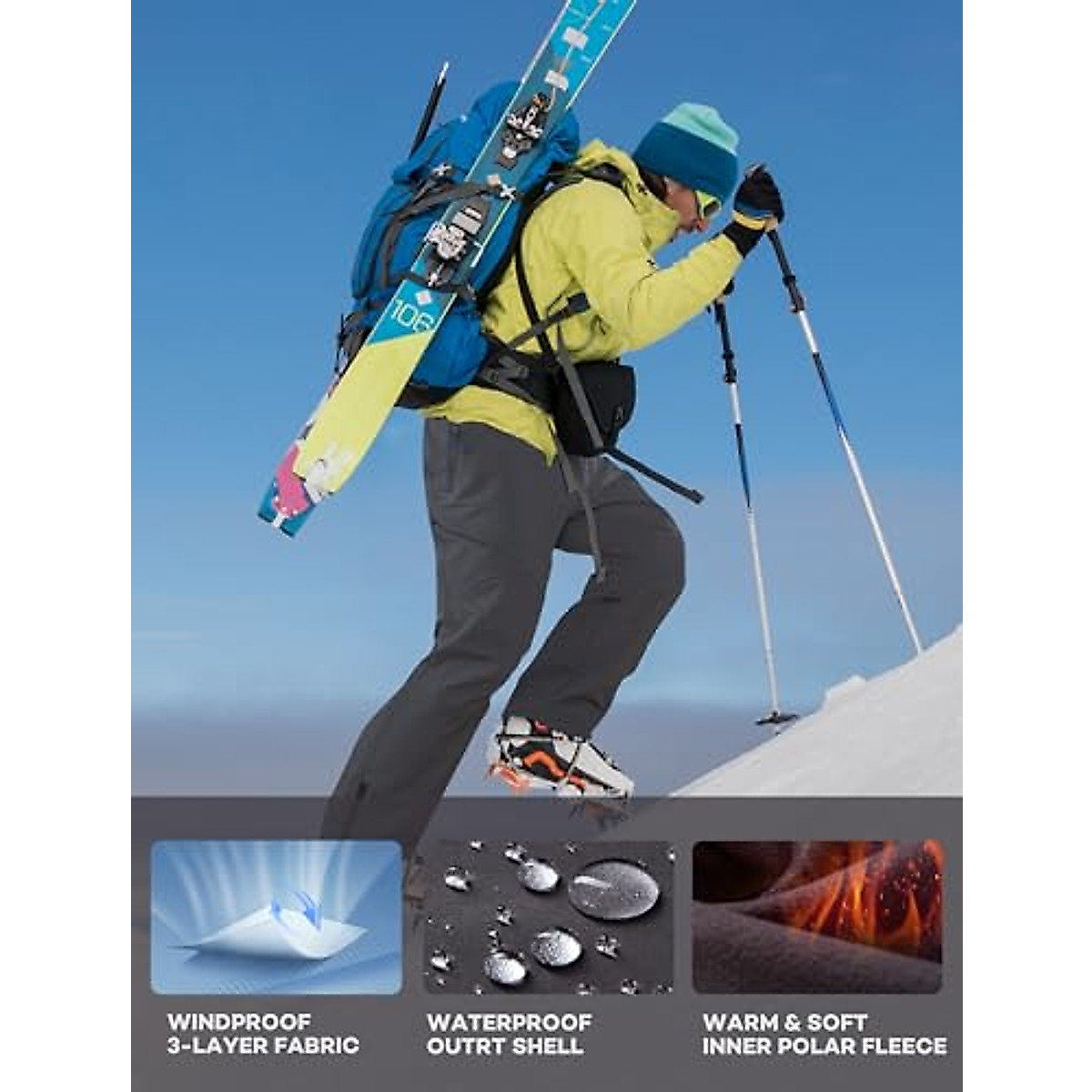 Stlight Mens Snow Ski Water Repellent Softshell Pants for Winter Hiking Fleece Lined Bottom Leg Zipper with 6 Zip Pockets(Grey 34W/30L)