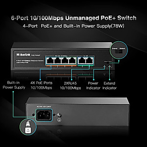 MokerLink 6 Port PoE Switch with 4 Ports PoE+, 2 Fast Ethernet Uplink, 10/100Mbps, 78W High Power, Support IEEE802.3af/at, Fanless Metal Plug & Play PoE+ Network Switch