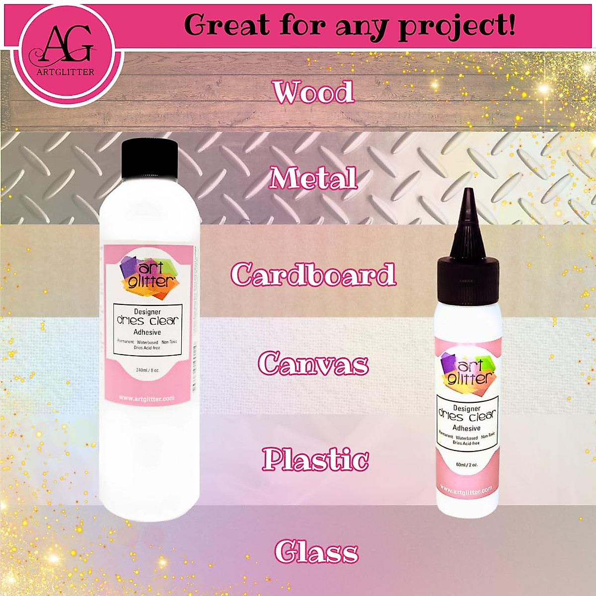 Art Institute Glitter Designer Dries Clear Adhesive Clear Glue Kit Bundle-3 Items 8oz,2oz and Metal Tip, Multicolored