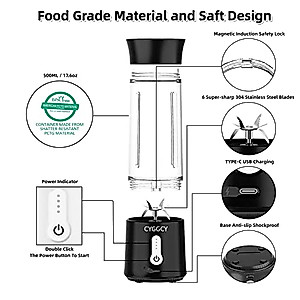 CYGGCY Portable Blender Personal Mini Blender for Shakes & Smoothies USB Rechargeable Travel blender shake smoothy Personal Size Blenders 17.6oz Fresh Juice Blender with 6 Stainless Steel Blades and 4000mAh Rechargeable Battery(black)