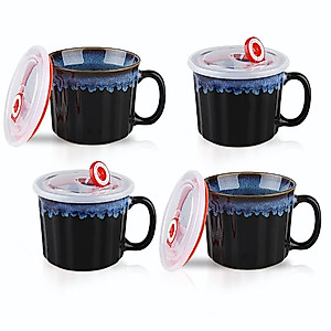 KOOV 20 Ounce Soup Mugs with Handles and Lids Microwave Safe, Ceramic Soup Bowls with Lids, Large Meal Mug Set of 4, Reactive Glaze (Nebula Blue)