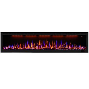 Dreamflame Electric Fireplace 74 inch, Recessed Wall Mounted Fireplace Heater, Logs & Crystal, Multicolor Flame Combinations, Overheating Protection, Black (74")