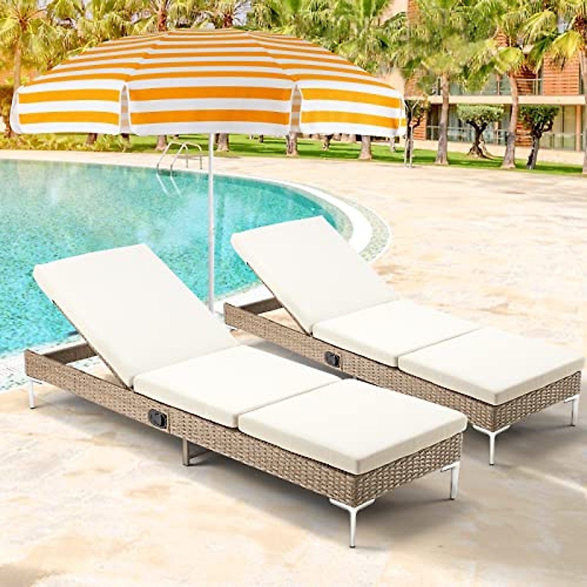 HOMREST Outdoor Chaise Lounge Chair Set of 2, Patio Wicker Lounge Chair with Pneumatic Adjustable Backrest, Rattan Pool Sunbathing Lounge Chair Suitable for Outside with Removable Cushion (Khaki)