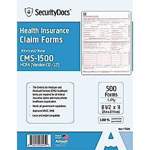 SecurityDocs 500 CMS-1500 Health Insurance Claim Forms, Laser/Inkjet Compatible (HCFA Form 1500 Version 02-12) 8.5x11, 500 Forms (59211)