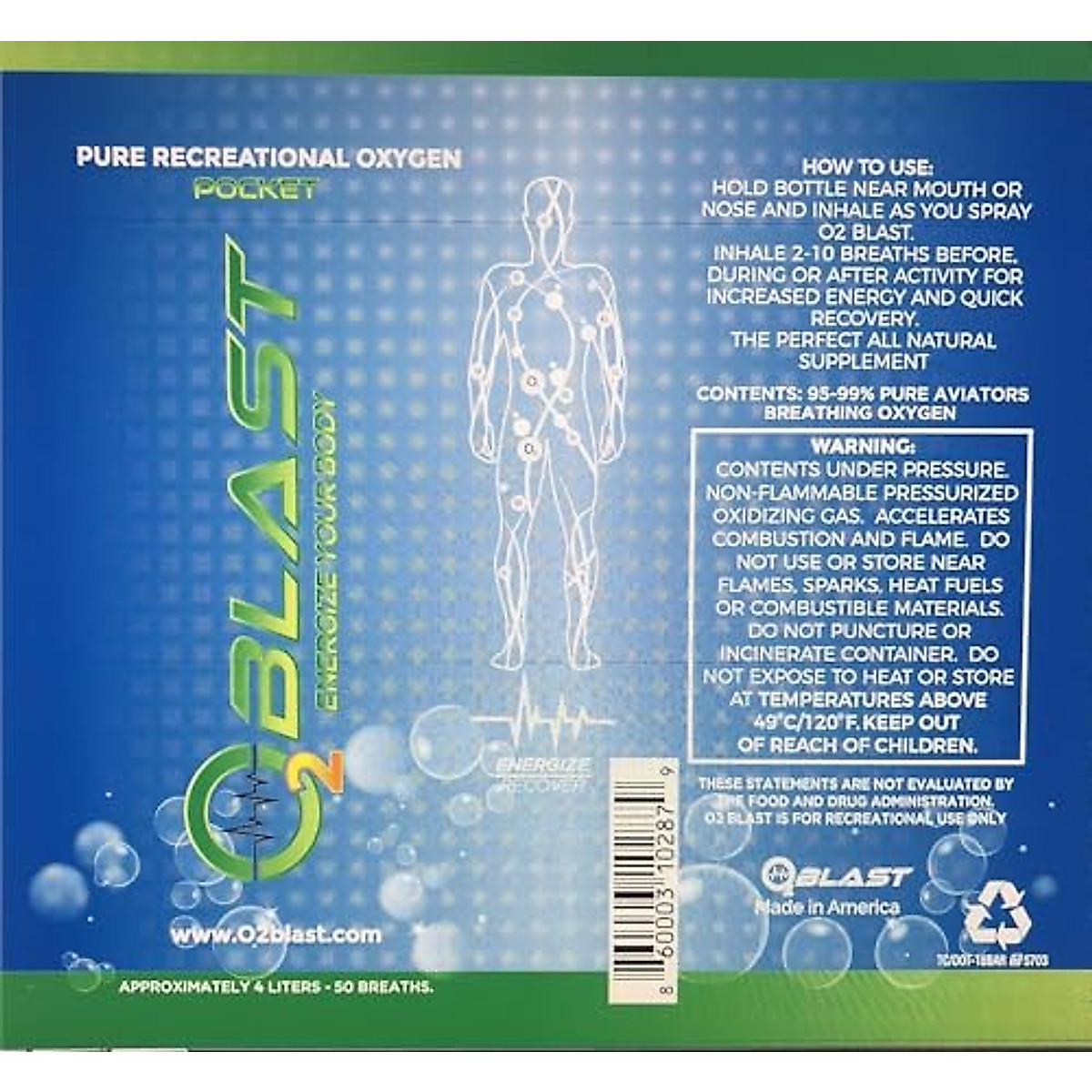 O2 Blast - Pure Oxygen Supplement, Quick Recovery for Exercise and Focus, Sanitary flip top Cap (4 Liter Oxygen Canisters - 6 Pack - Natural)