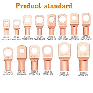 174pcs Copper Battery Cable Ends 14 Sizes Battery Wire Lugs Eyelets Tubular Ring Terminal Connectors SC Terminals for Automotive Supplies AWG2/4/6/8/10/12