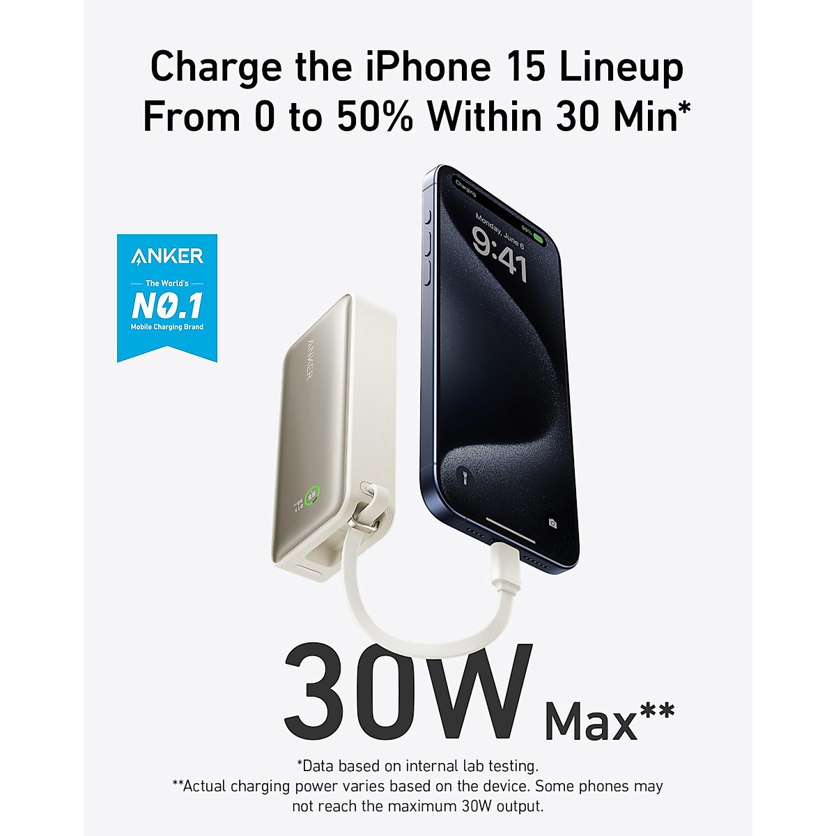 Anker Nano Power Bank, 10,000mAh Compact Portable Charger Battery Pack with Built-in USB C Cable, 30W Max Output with 1 USB-C, 1 USB-A, Compatible for iPhone 15 Series, MacBook, Galaxy, for Travel