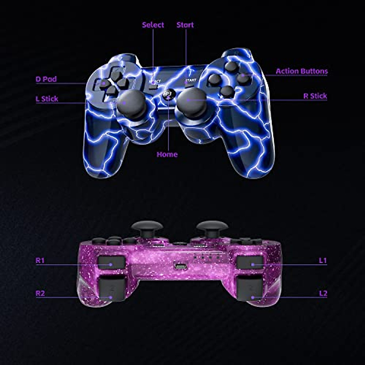 Burcica PS3 Controller 2 Pack Wireless Motion Sense Dual Vibration Upgraded Gaming Controller for Sony Play Station 3 with Charging Cord (Blue+Purple)